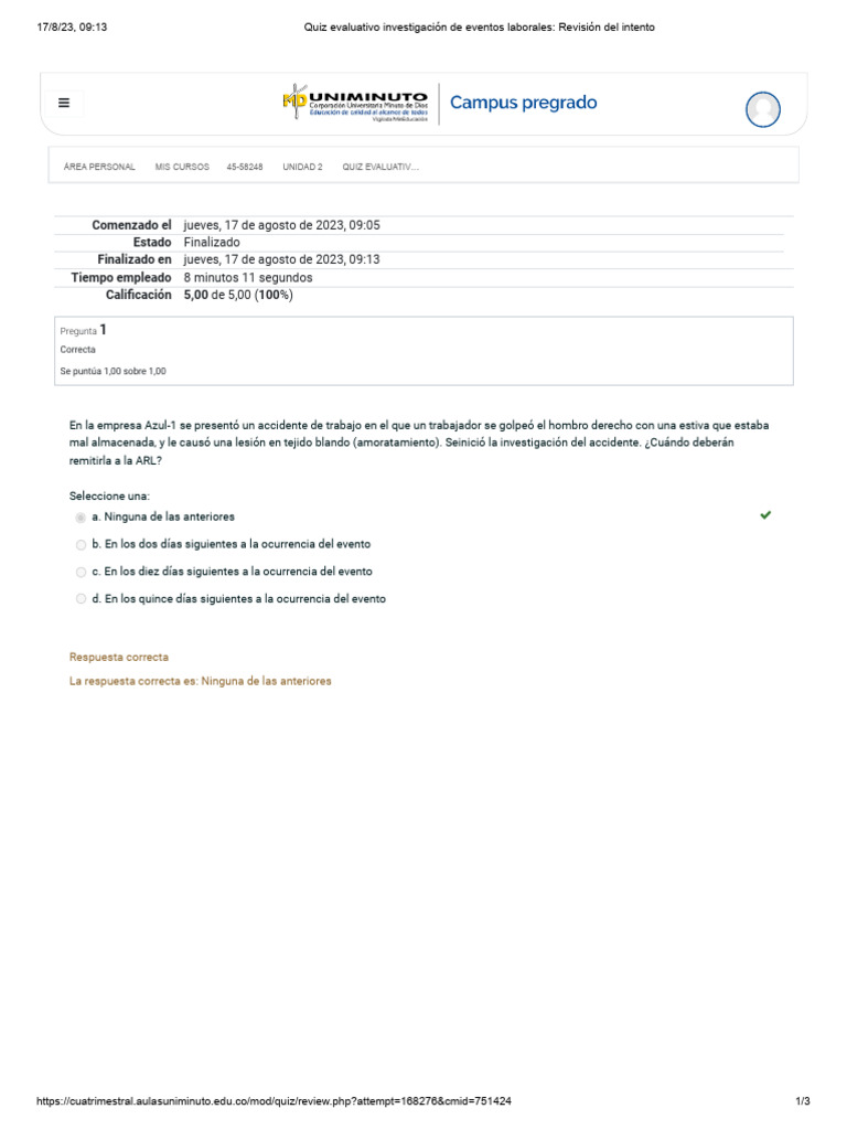 Quiz Evaluativo Investigación de Eventos Laborales - Revisión Del ...