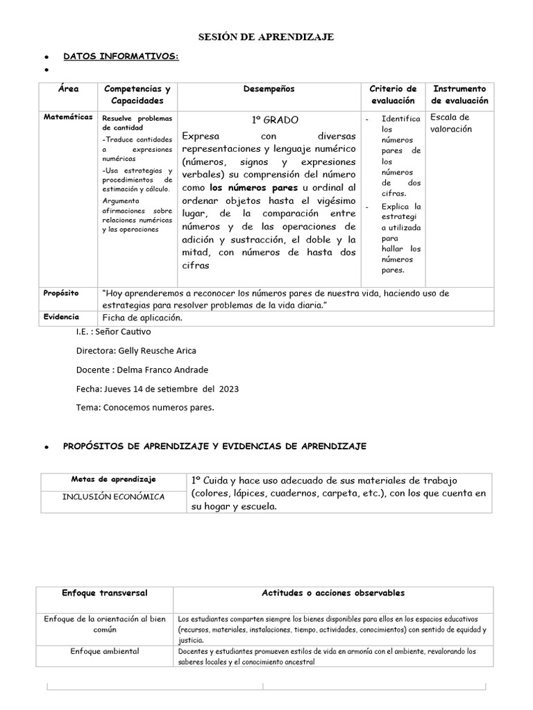 1º E7 S2 Sesion D2 Mat Numeros Pares | PDF | Aprendizaje | Evaluación