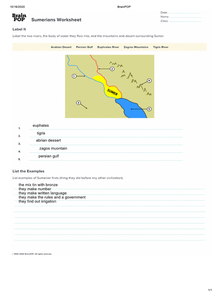 Sumerian Worksheet Brainpop | PDF