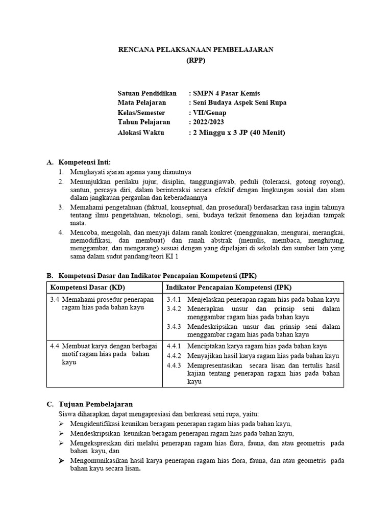 RPP Seni Rupa Kelas VII | PDF | Seni