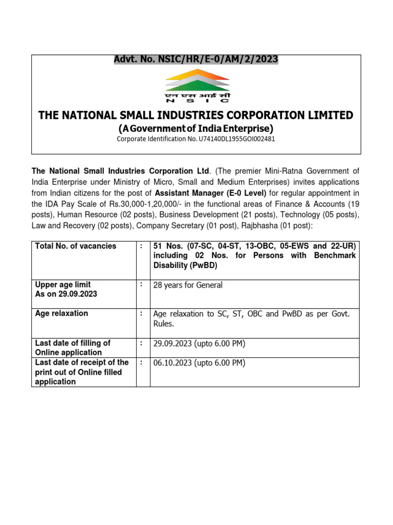 NSIC Assistant Manager Jobs 2023 | PDF | Career & Growth | Business