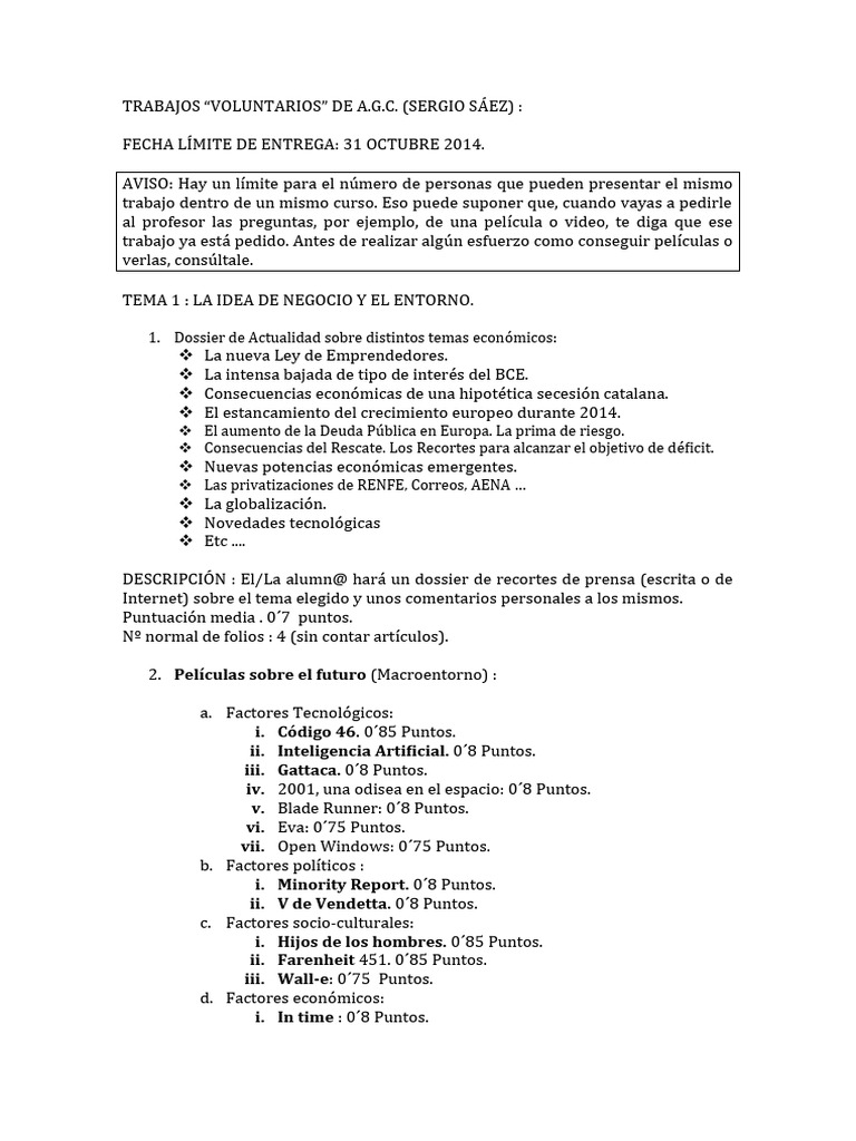 Trabajos Tema 1 AGC-EIE | PDF | Iniciativa empresarial | Economias