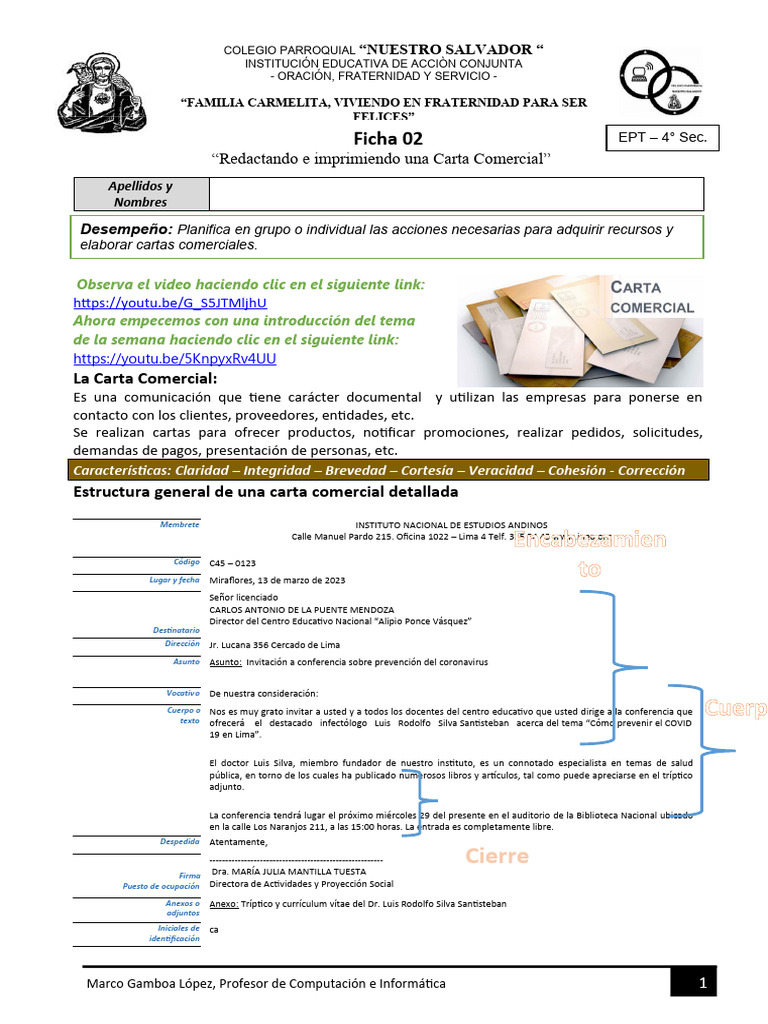 Ficha de Trabajo 02 4to Año - Redactando e Imprimiendo Una Carta ...