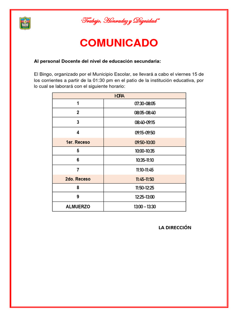 Bingo Escolar: Horario y Detalles | PDF