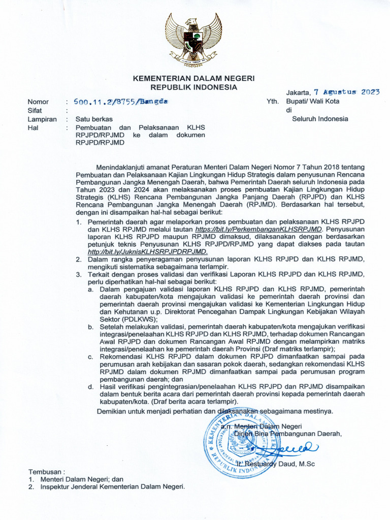 Surat KLHS RPJPD RPJMD Bupati Walikota | PDF