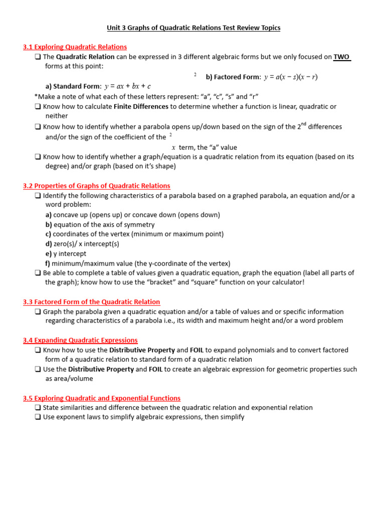 Unit 3 Graphs of Quadratic Relations Test Review Topics & Study Sheet ...