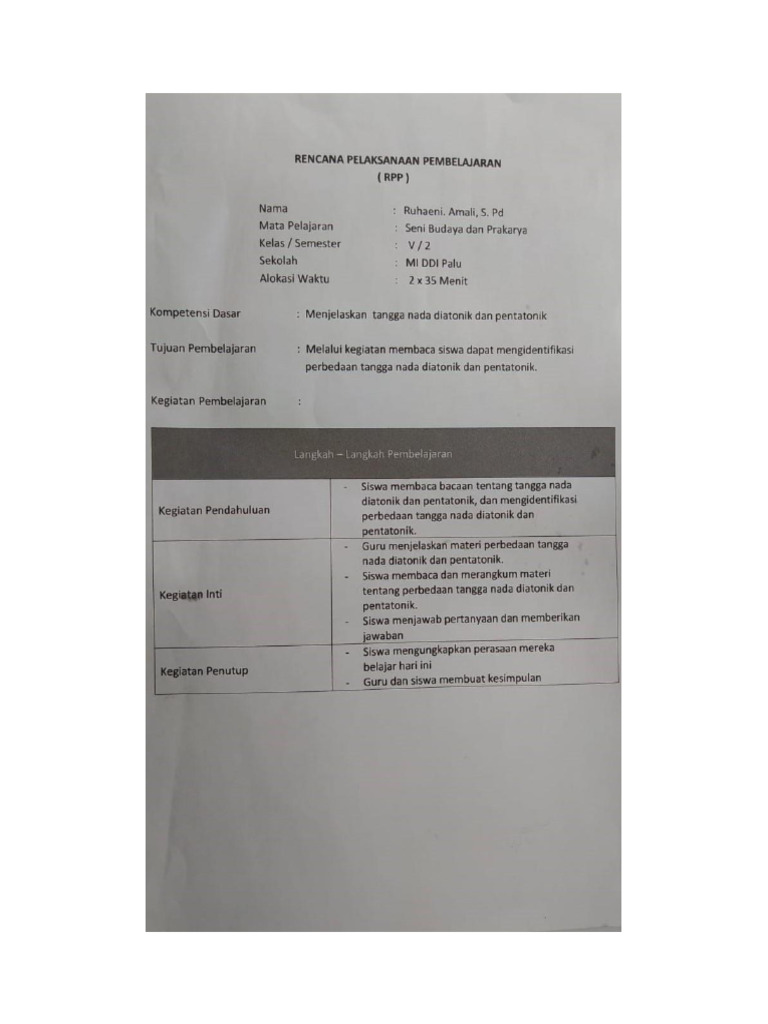 RPP Seni Budaya Dan Prakarya Kelas V Semester 2 | PDF