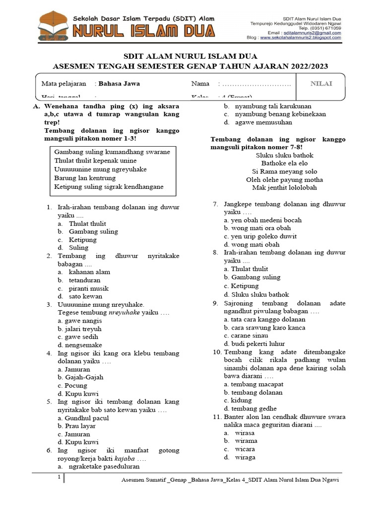 Soal Bhs Jawa STS Kls 4 2023 | PDF