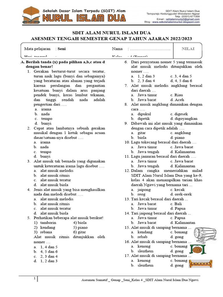 Soal Seni STS Kls 4 2023 | PDF