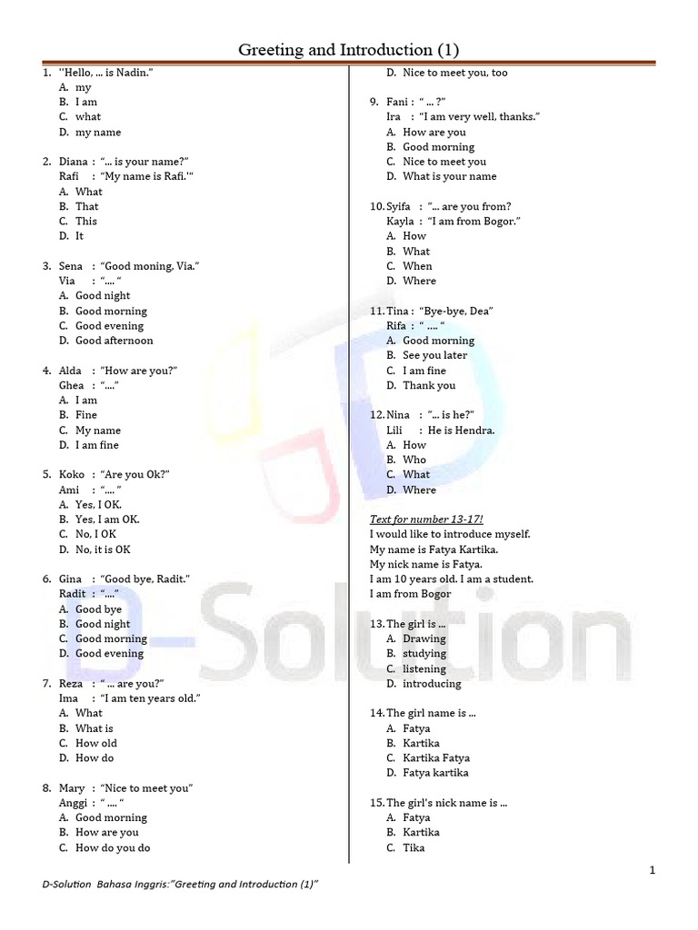Soal Bahasa Inggris: Greeting & Introduction | PDF