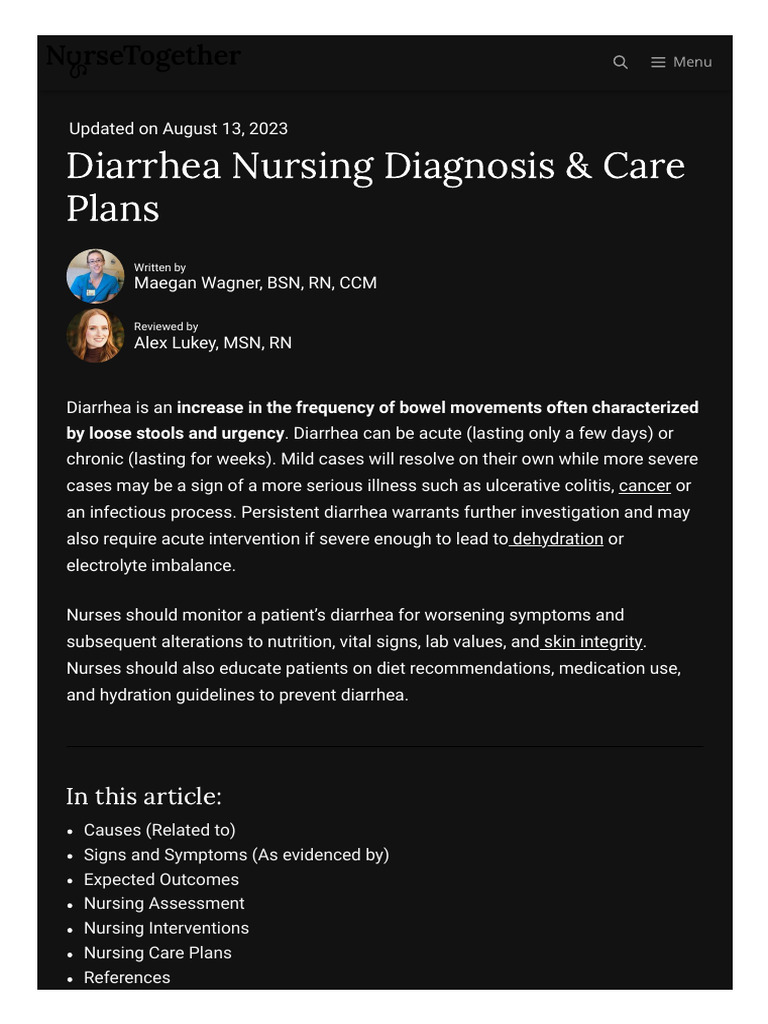 Diarrhea Nursing Diagnosis & Care Plans: in This Article | PDF ...