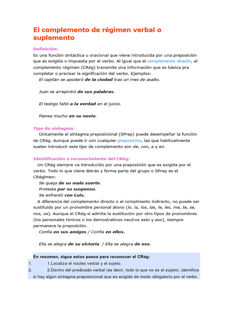El Complemento de Régimen Verbal o Suplemento | PDF | Verbo | Preposición y Postposición