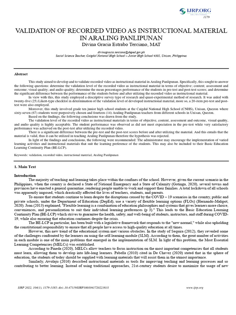 Validation of Recorded Video As Instructional Material in Araling Panlipunan | PDF ...