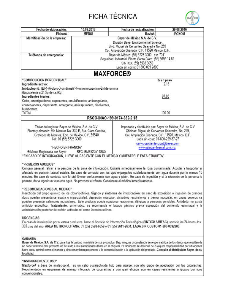 Maxforce Gel (Bayer) - Ficha Técnica | PDF | Toxicología ...