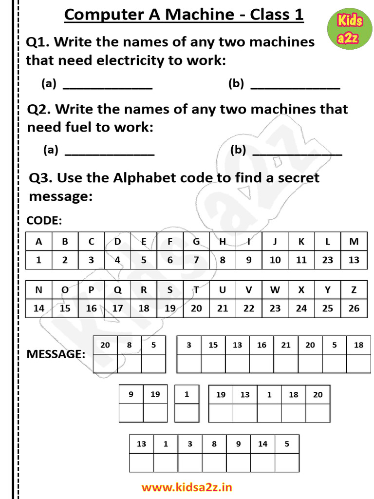 Computer A Machine Class 1 Worksheet 5 | PDF