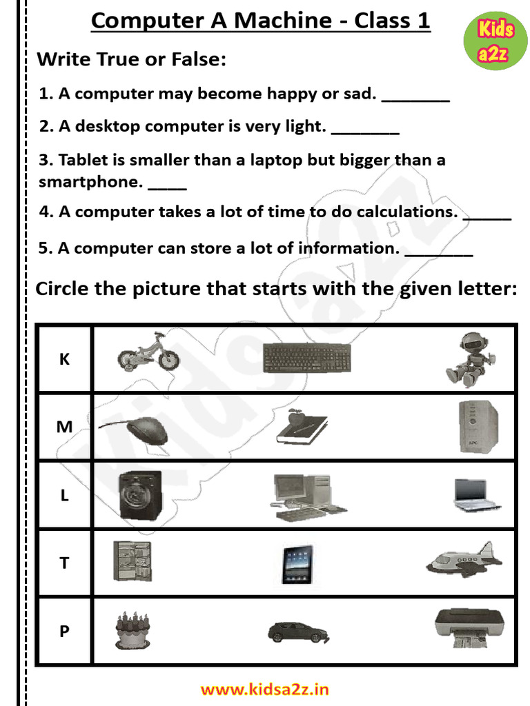 Computer A Machine Class 1 Worksheet 3 | PDF