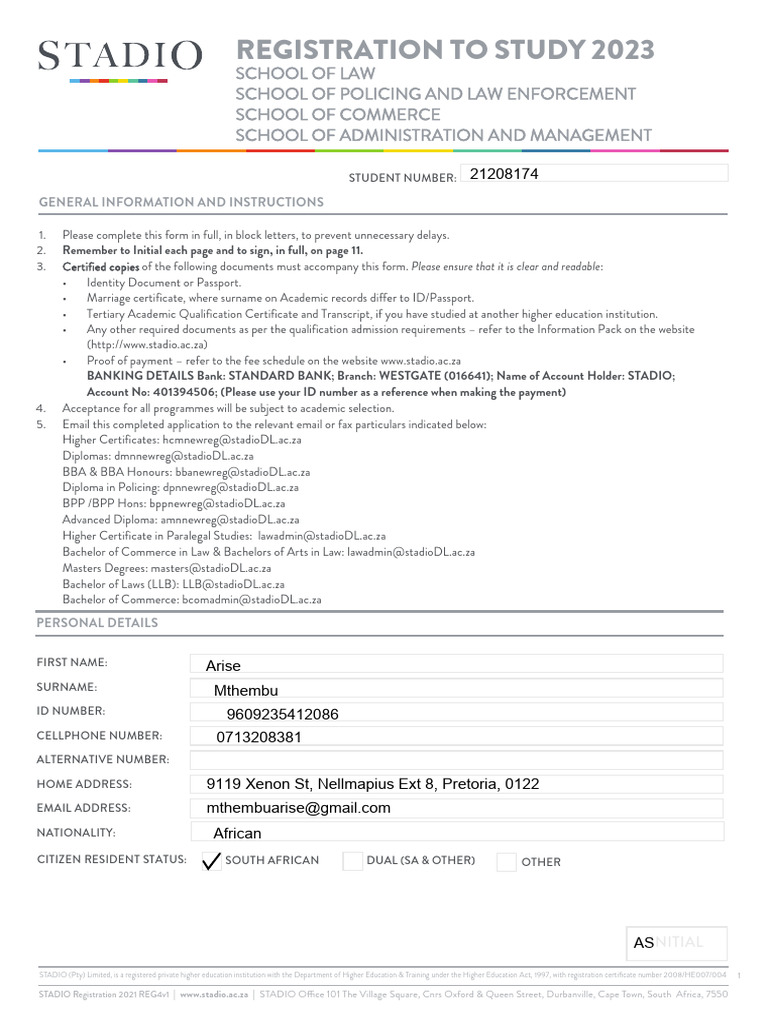 STADIO Registration Application (R1) 2023 | PDF | Bachelor's Degree ...