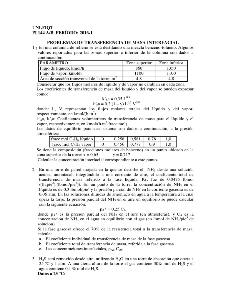 Problemas de Transferencia de Masa Interfacial | PDF | Amoníaco ... Problemas de Transferencia de Masa Interfacial | PDF | Amoníaco ...