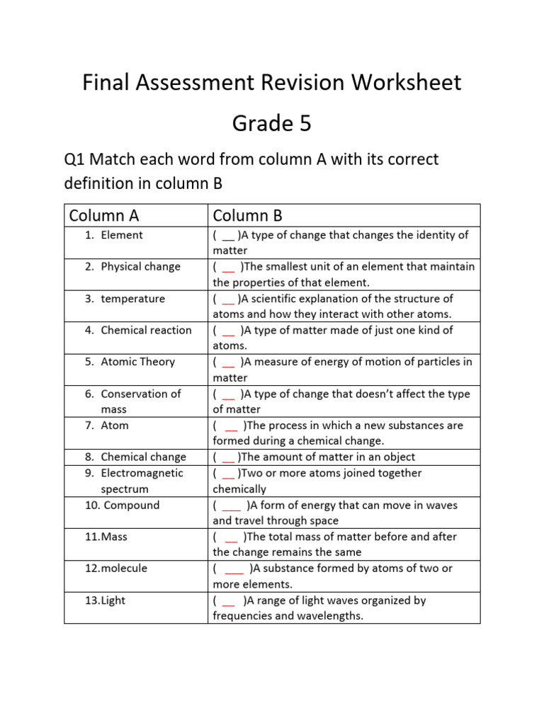 Grade 5 Science Assessment Worksheet | PDF | Atoms | Matter