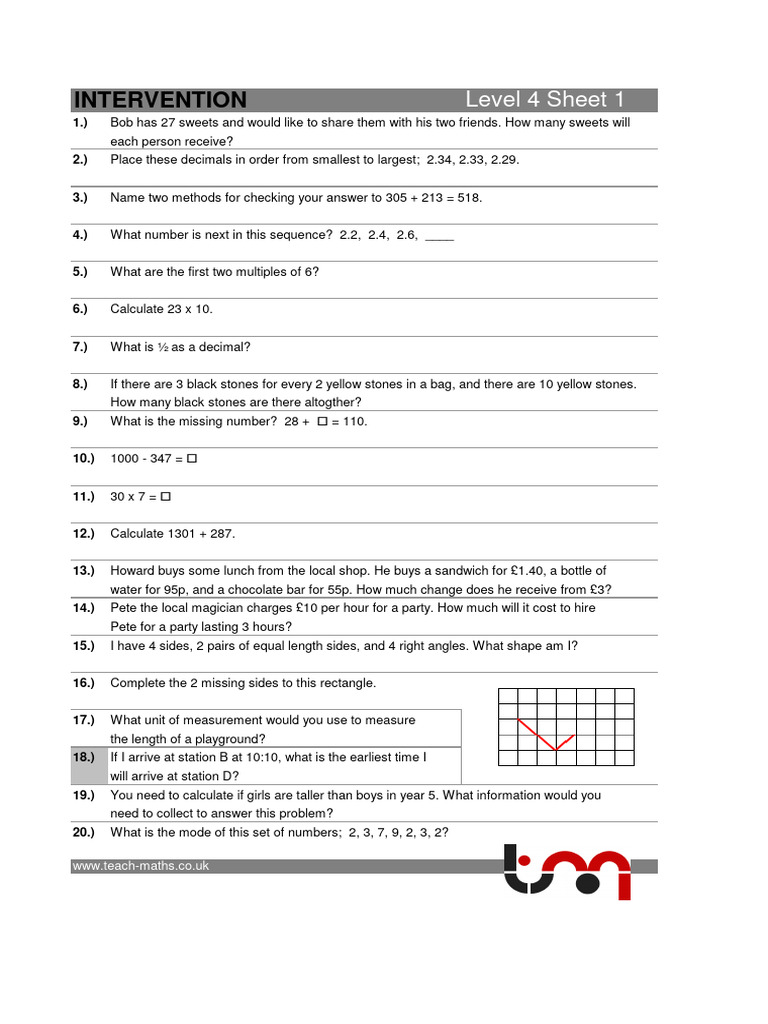 Intervention - Level 4 - Worksheet 1 | PDF | Elementary Mathematics ...