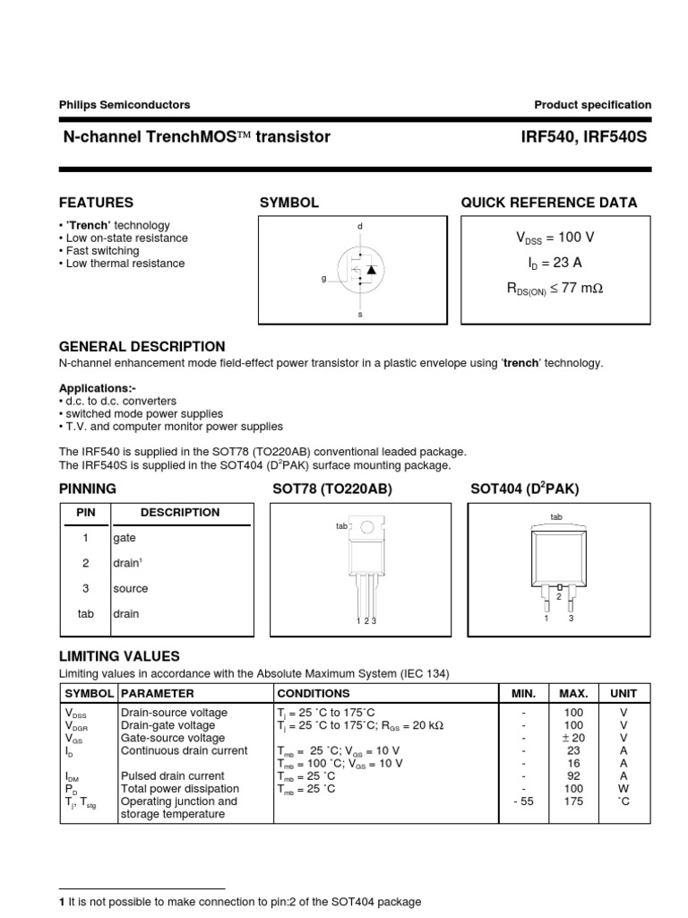 N-Channel Trenchmos Transistor Irf540, Irf540S: Features Symbol Quick ...