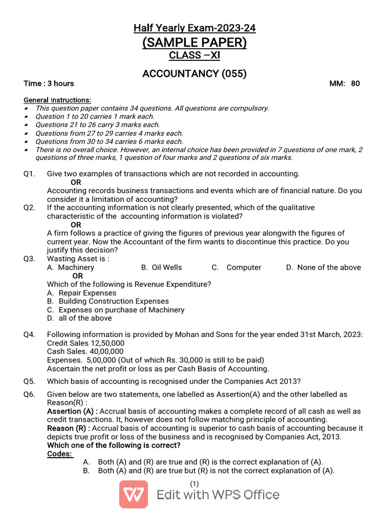 Class-11 Accountancy Half Yearly Examination Sample Paper 2023 - 2024 | PDF