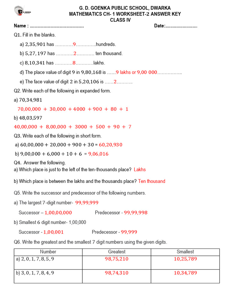 Class Iv Maths CH-1 WS - 2 - Answer Key | PDF | Mathematics ...
