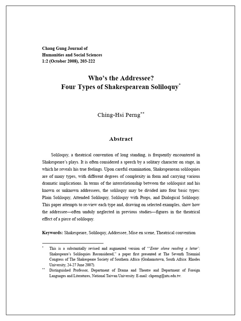 Who's The Addressee? Four Types of Shakespearean Soliloquy: Ching-Hsi ...