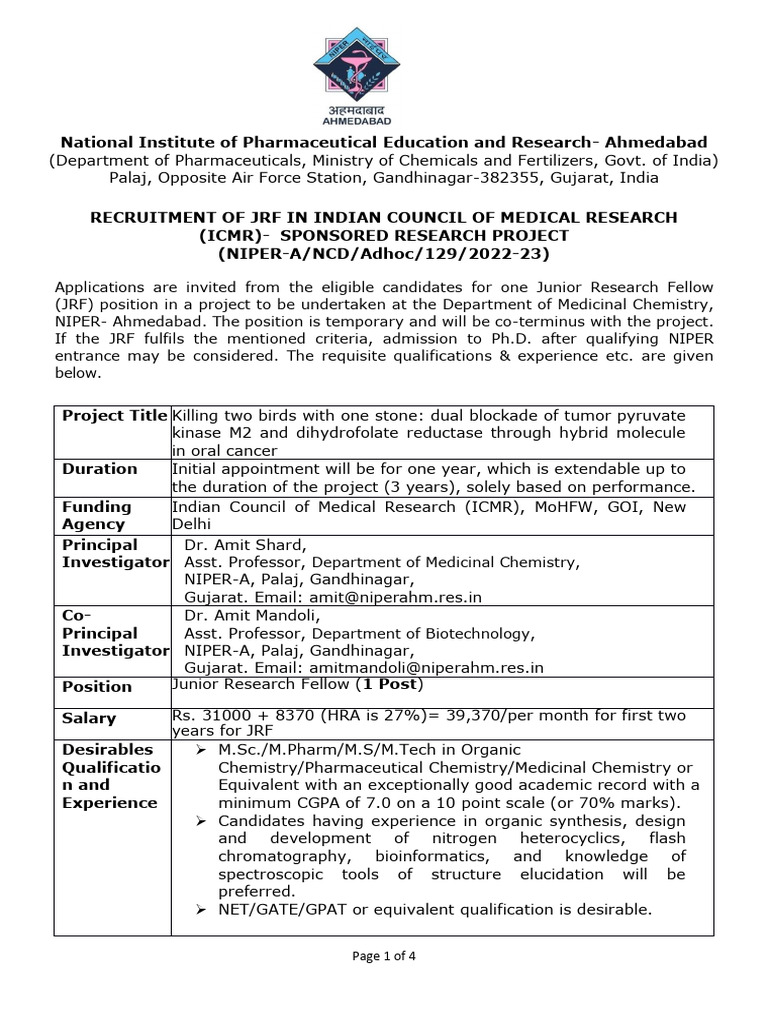 JRF Advertisement 2023 ICMR AMS | PDF | Medicinal Chemistry