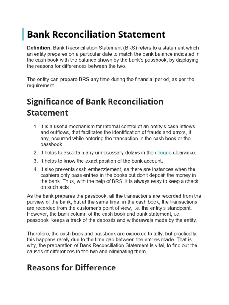 Bank Reconciliation Statement | PDF | Debits And Credits | Working Capital