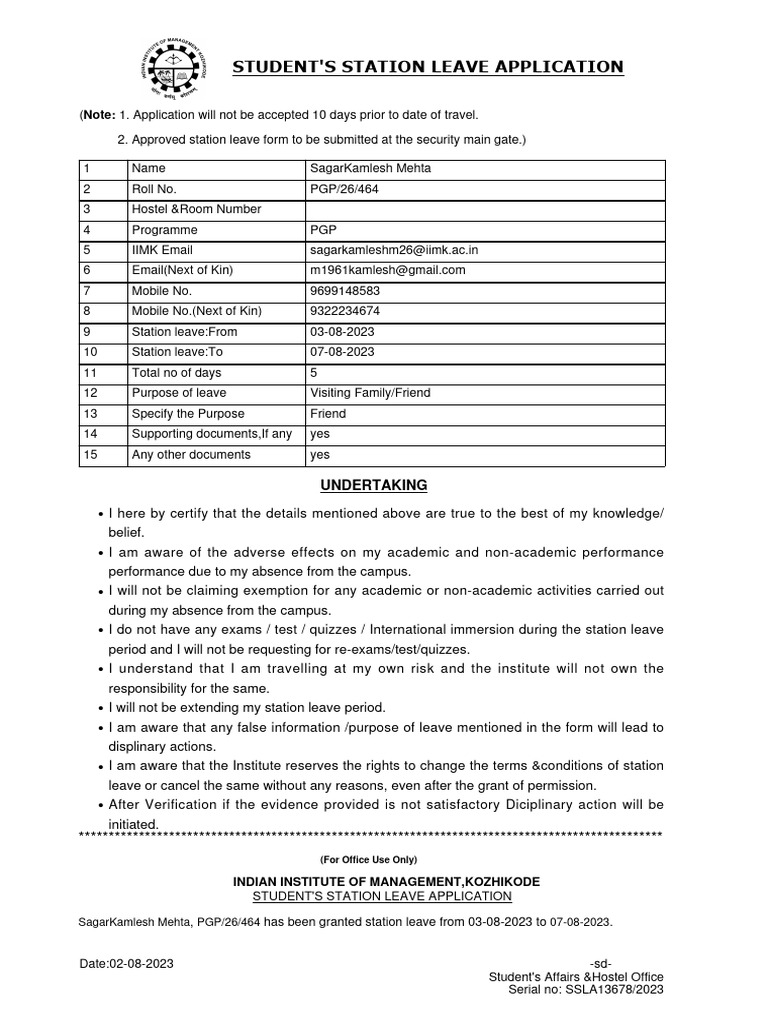 Student'S Station Leave Application: Undertaking | PDF