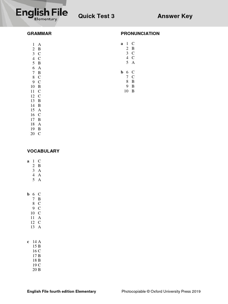 EF4e Elem Quicktest3 Answer Key | PDF