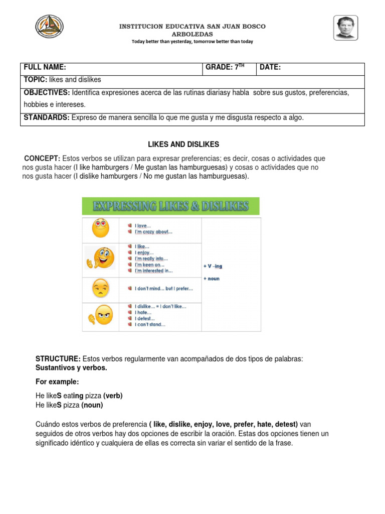 Ficha #6 Likes and Dislikes 7°-Profe Eddy Seley Parra | PDF | Verbo ...