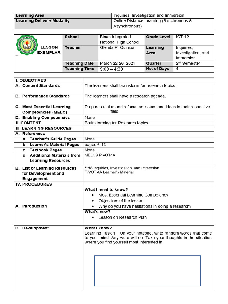 Lesson 1 Exemplar 3is Week1 QUINZON | PDF | Learning | Intelligence