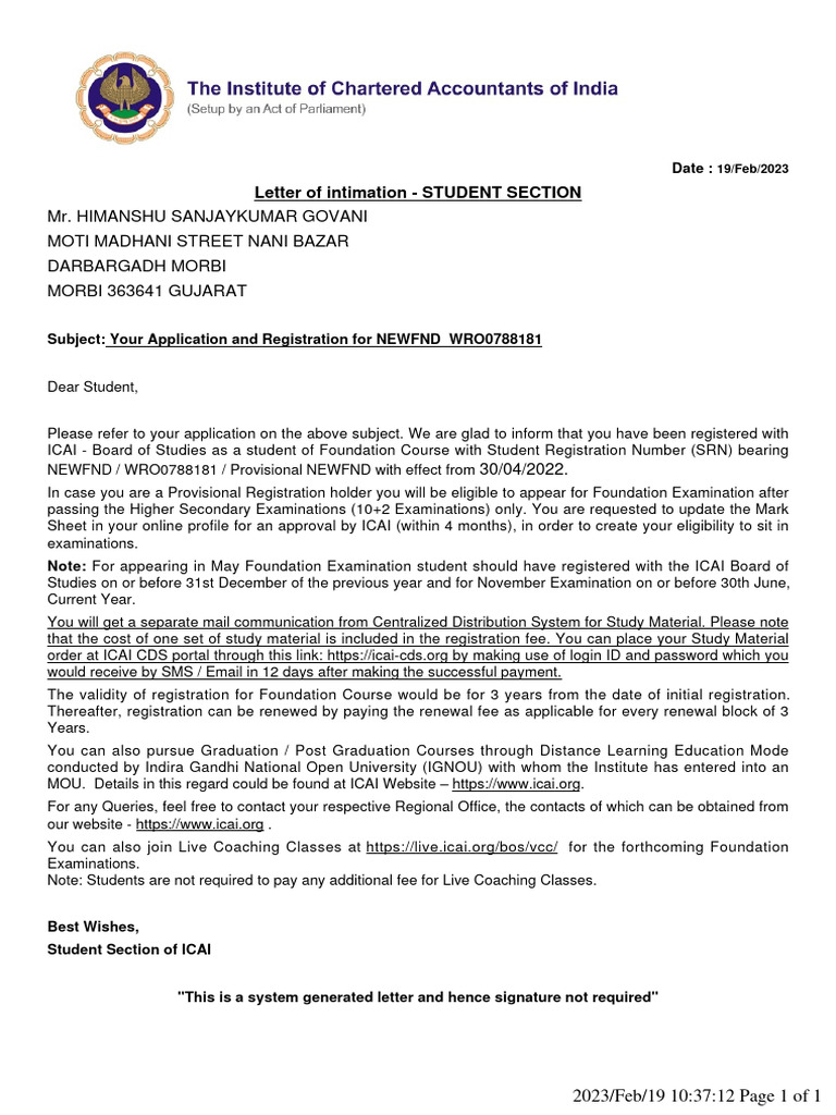 Letter of Intimation - STUDENT SECTION | PDF | Service Industries