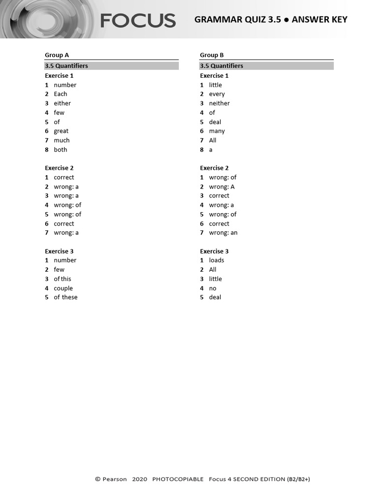 Focus4 2E Grammar Quiz Unit3 5 GroupA B ANSWERS | PDF