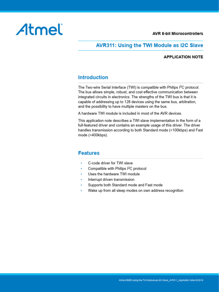 Atmel 2565 Using The Twi Module As I2c Slave - Applicationnote - Avr311 | PDF | Computer ...