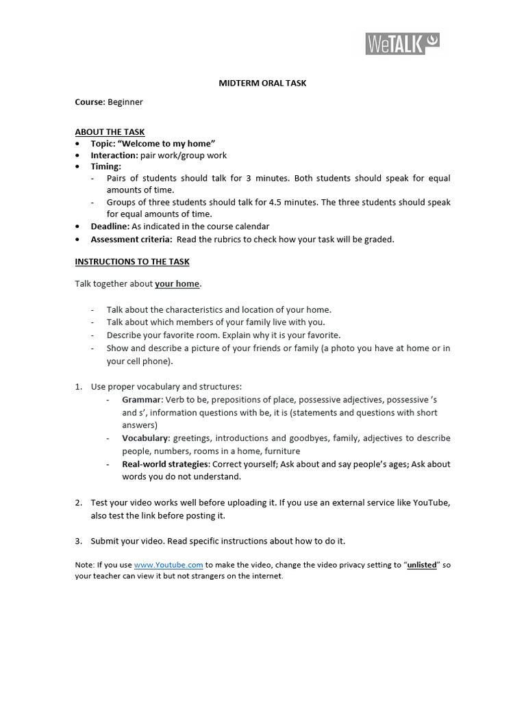 Beginner MT ORAL TASK (EA) | PDF