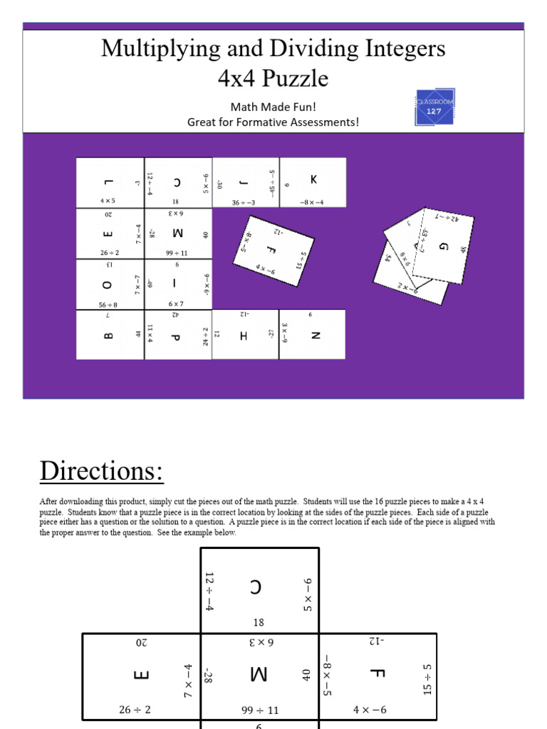 Multiplying And Dividing Integers 4x4 Puzzle Math Made Fun Great For Formative Assessments Pdf 