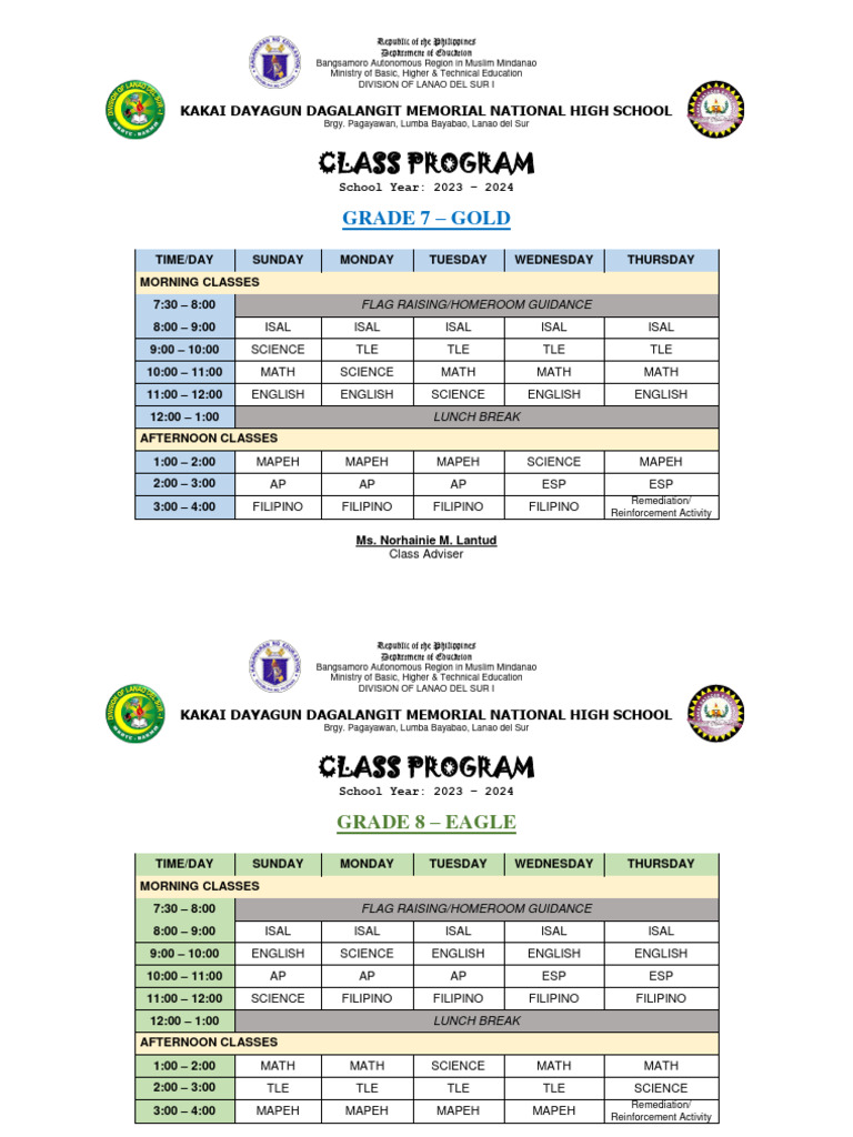 Class Schedule 2023-2024 | PDF | Philippines | Science