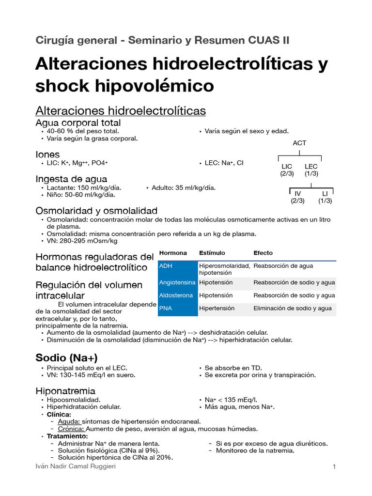 Alteraciones Hidroelectrolíticas y Shock Hipovolémico | PDF | Sodio | Potasio