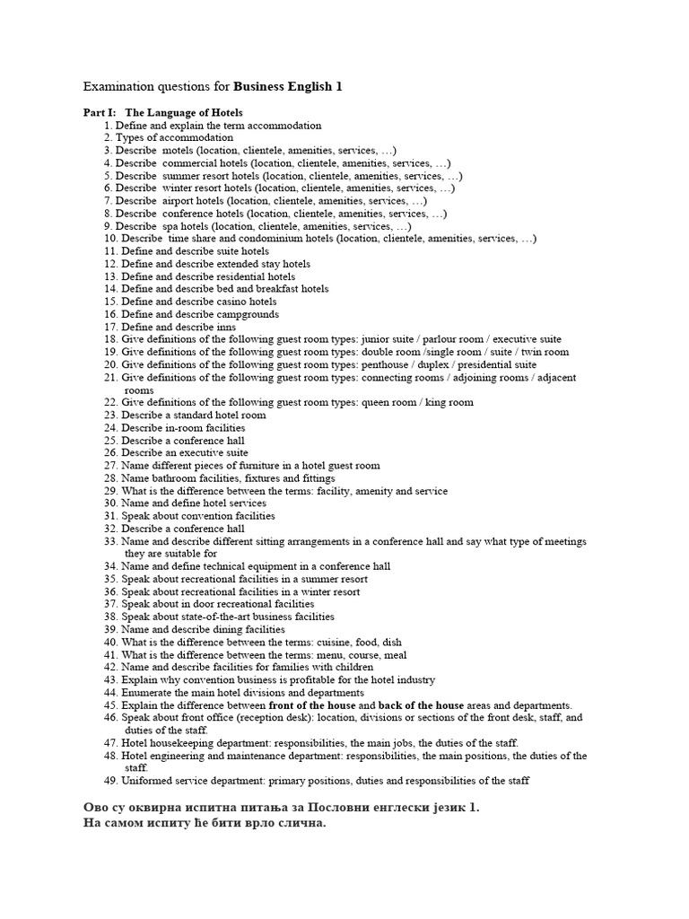Exam Questions For Business English 1 VSH BEOGRAD | PDF | Hotel | Resort Exam Questions For Business English 1 VSH BEOGRAD | PDF | Hotel | Resort