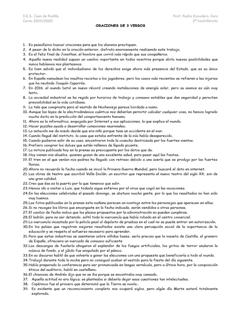 Oraciones De 3 Verbos Pdf