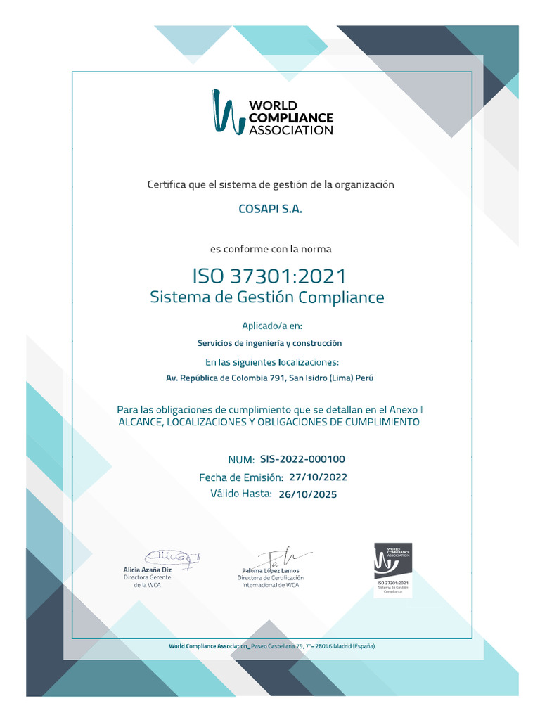 SIS-2022-000100 Certificado ISO 37301 - COSAPI v0 | PDF