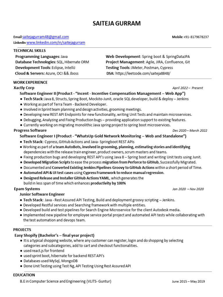 Software Engineer Profile: Saiteja Gurram | PDF | Spring Framework ...