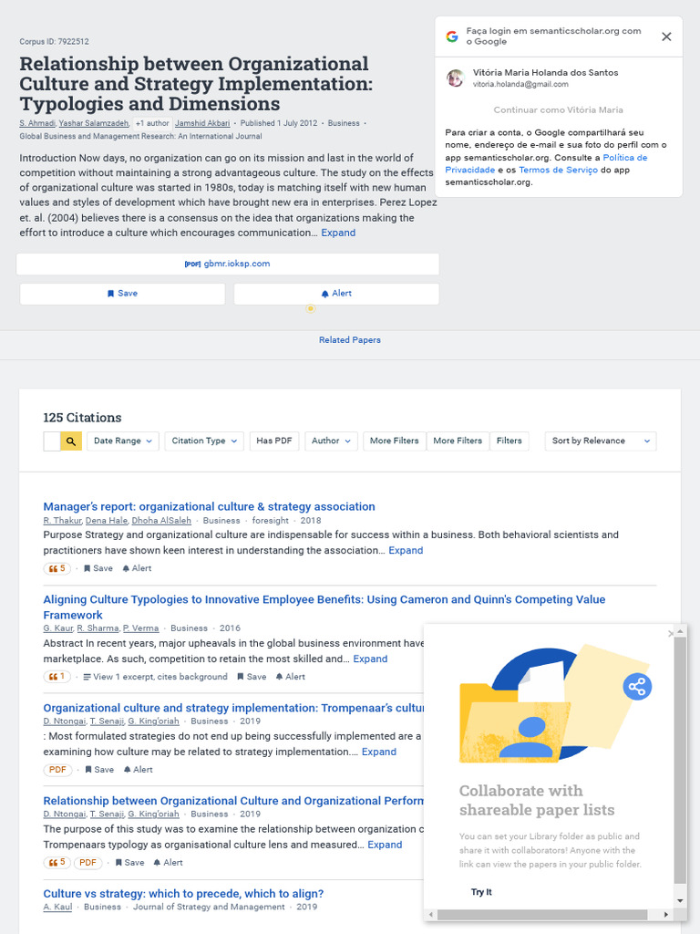 (PDF) Relationship Between Organizational Culture and Strategy Implementation - Typologies and ...