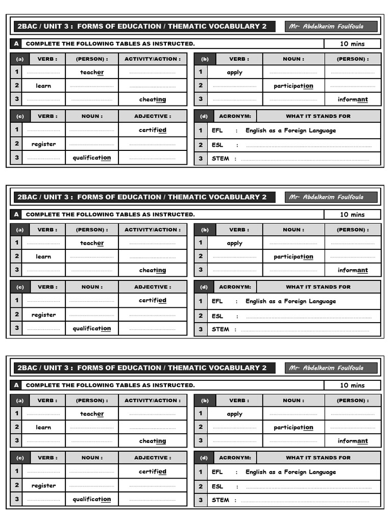 Vocabulary Exercises for 2BAC Education | PDF | English As A Second Or ...