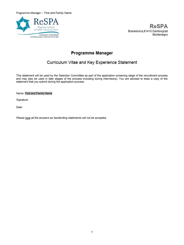 Template For CV and Key Experience Statement | PDF