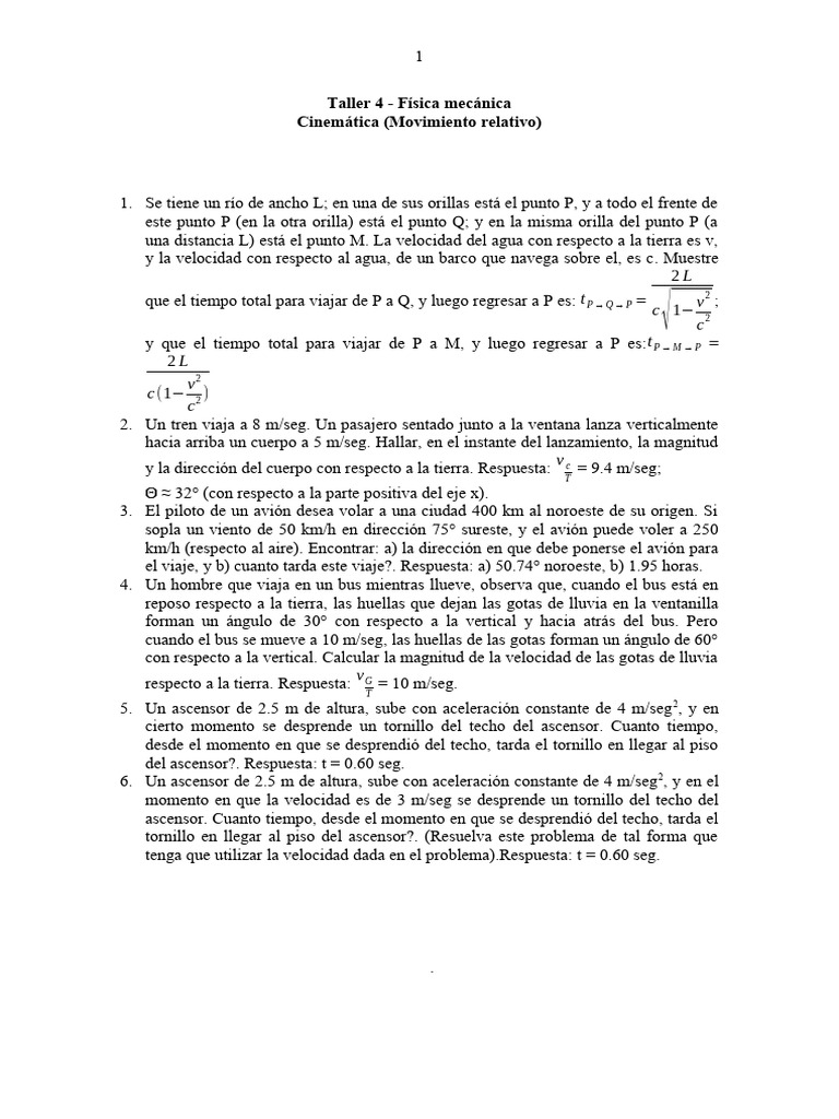 Taller 5 Cinemática (Movimiento Relativo) - Fisica Mecánica | PDF | Velocidad | Ascensor