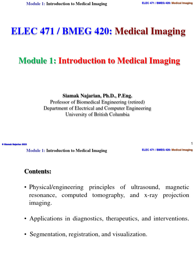 Module 1 Introduction To Medical Imaging Elec 471 Bmeg 420 Pdf